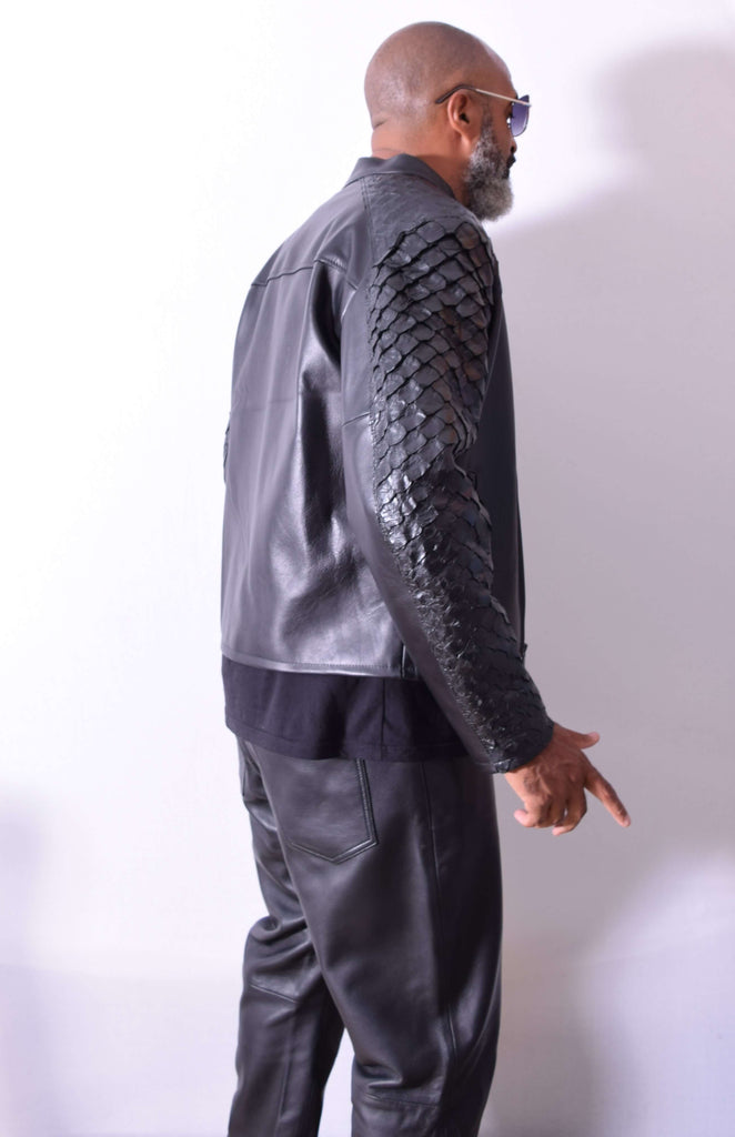 Men's Open Bottom Leather Jacket With Arapaima Skin Style #2032 – Jakewood