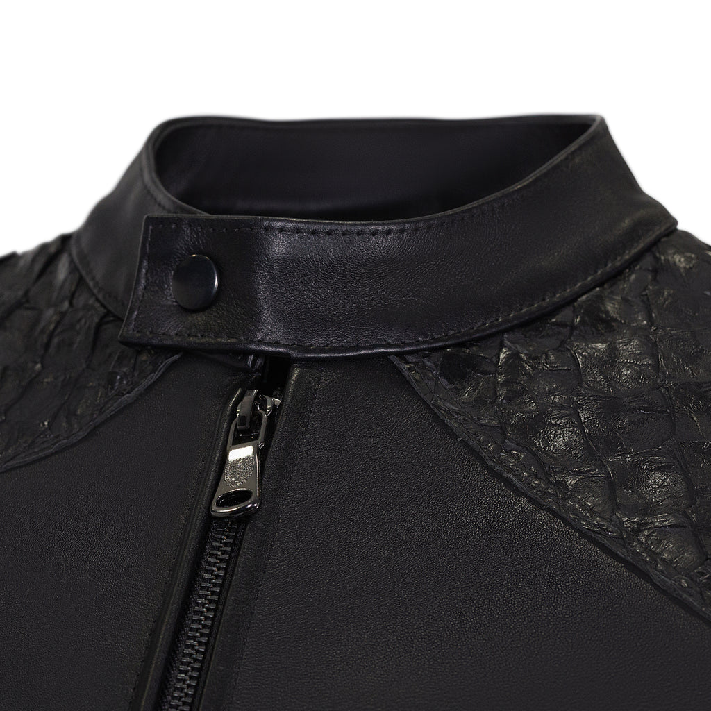 Men's Open Bottom Leather Jacket With Arapaima Skin Style #2032 – Jakewood