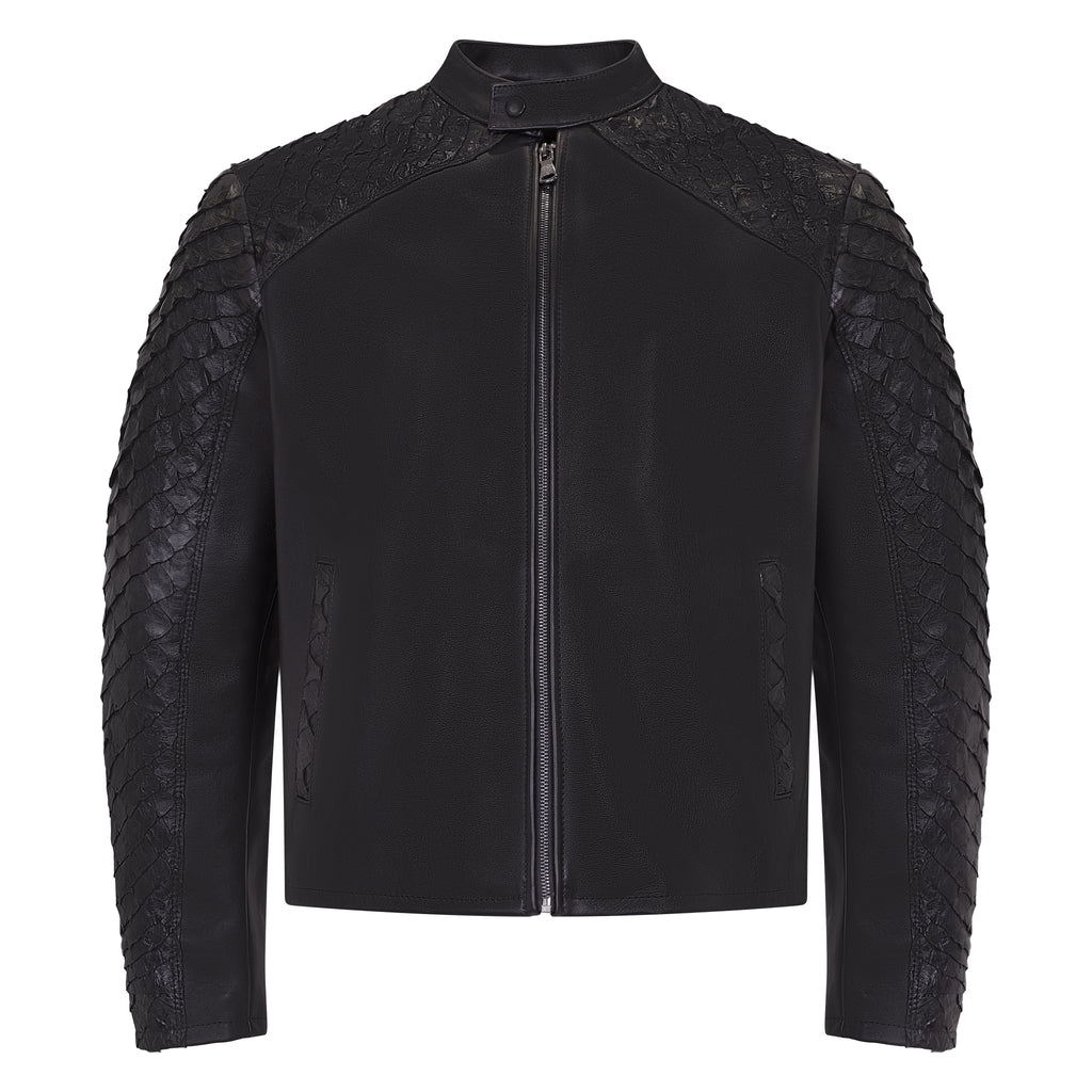 Men's Open Bottom Leather Jacket With Arapaima Skin Style #2032 – Jakewood