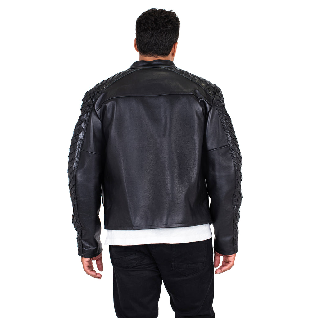 Men's Open Bottom Leather Jacket With Arapaima Skin Style #2032 – Jakewood
